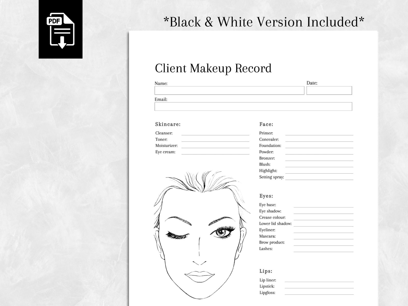 Makeup Client Record Face Chart Digital Printable Face Chart Makeup