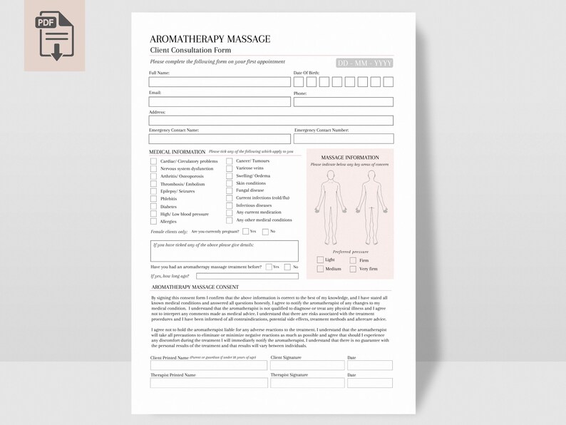 Aromatherapy Massage Consultation Form | Digital Aromatherapist Intake ...