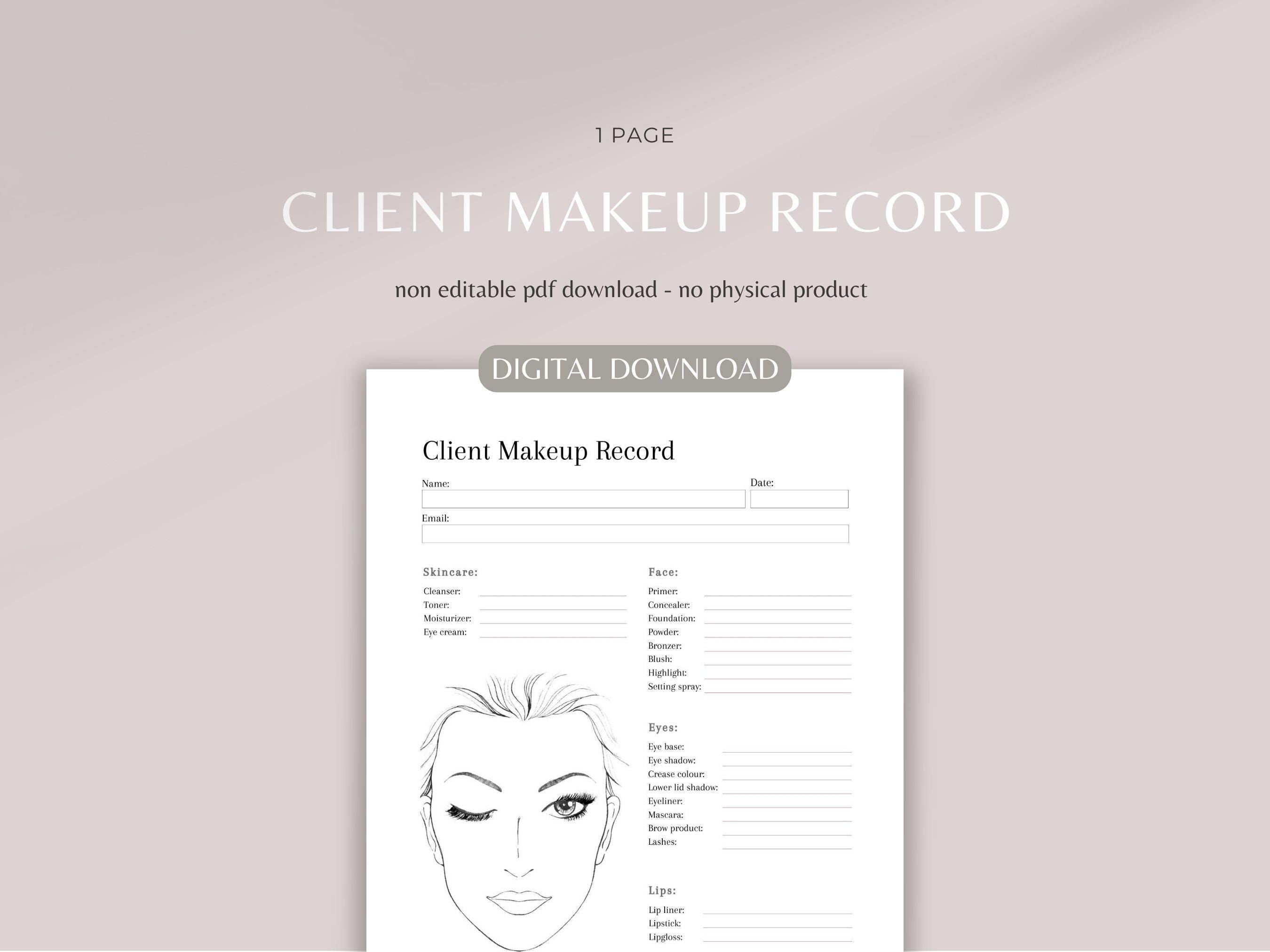 Makeup Client Record Face Chart Digital Printable Face Chart Makeup ...