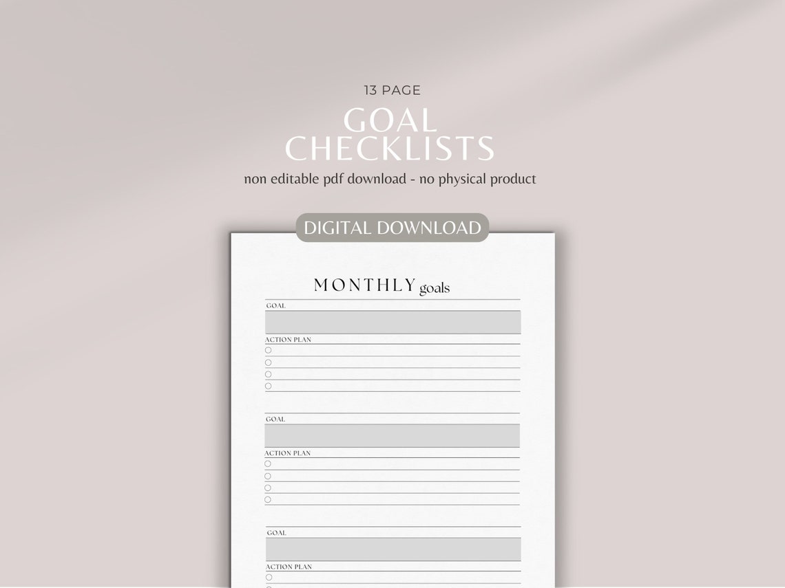 Monthly Printable Goal Checklists Goal Setting Lists Printable Digital ...