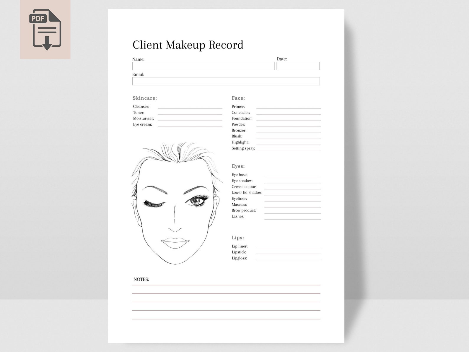 Makeup Client Record Face Chart Digital Printable Face Chart Makeup ...