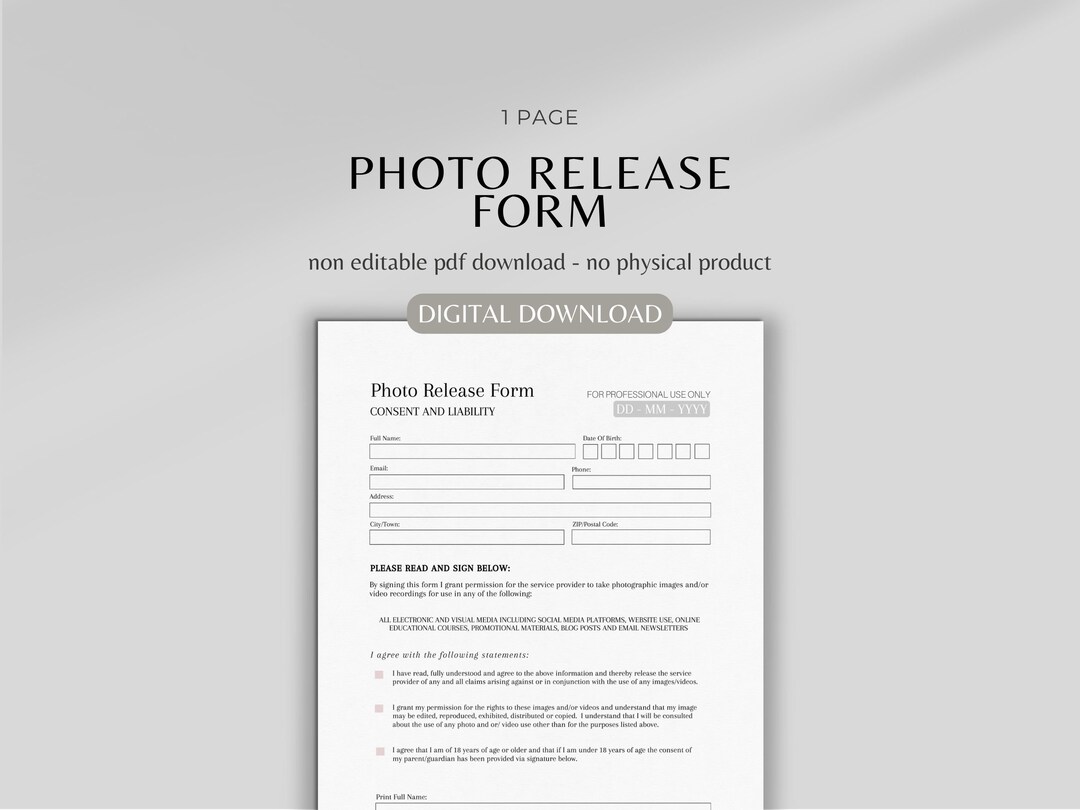 Salon Photo Release Printable Form | Beauty Photography Release Form ...