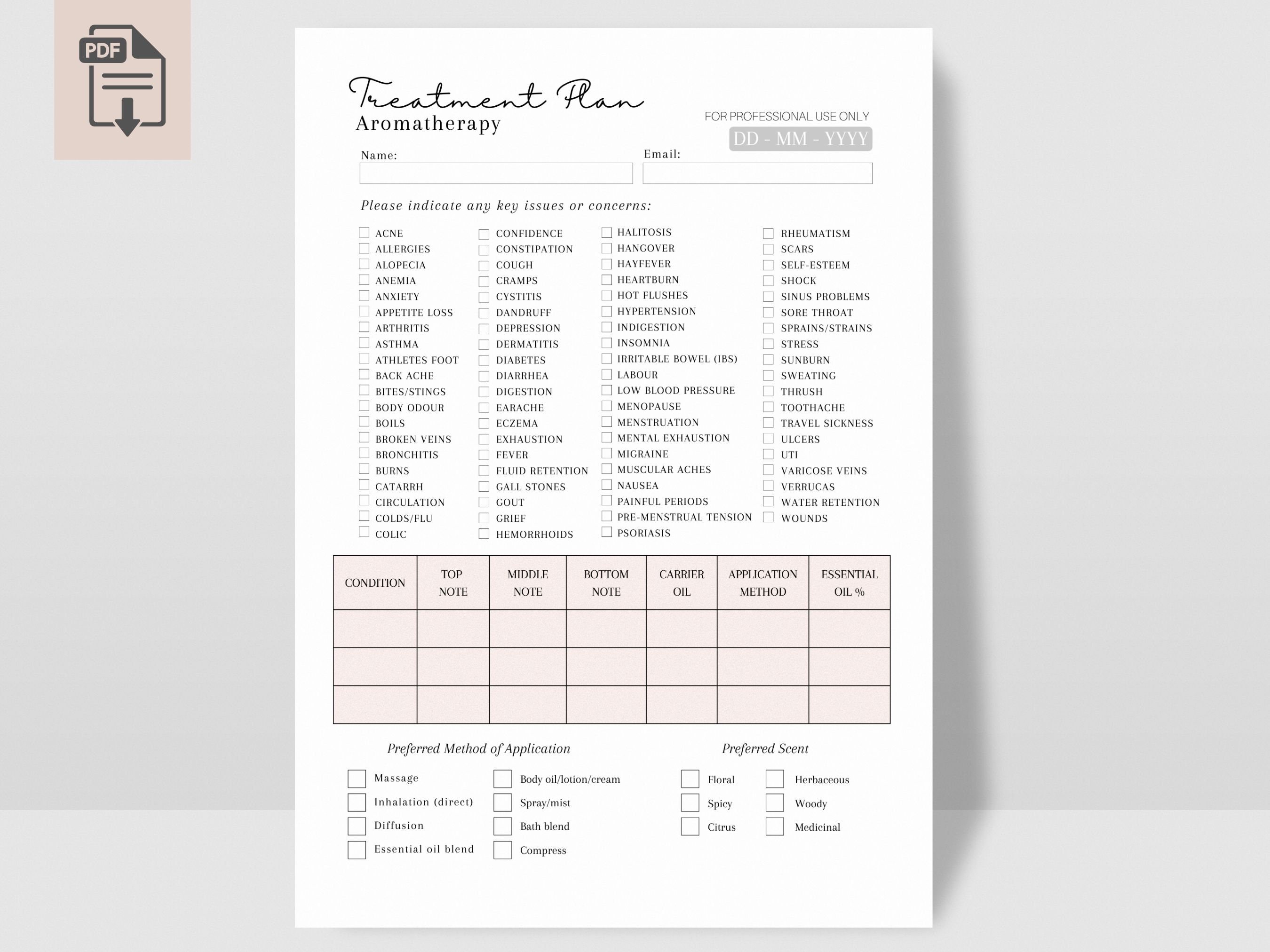 Aromatherapy Treatment Plan Form | Printable Treatment Plan ...