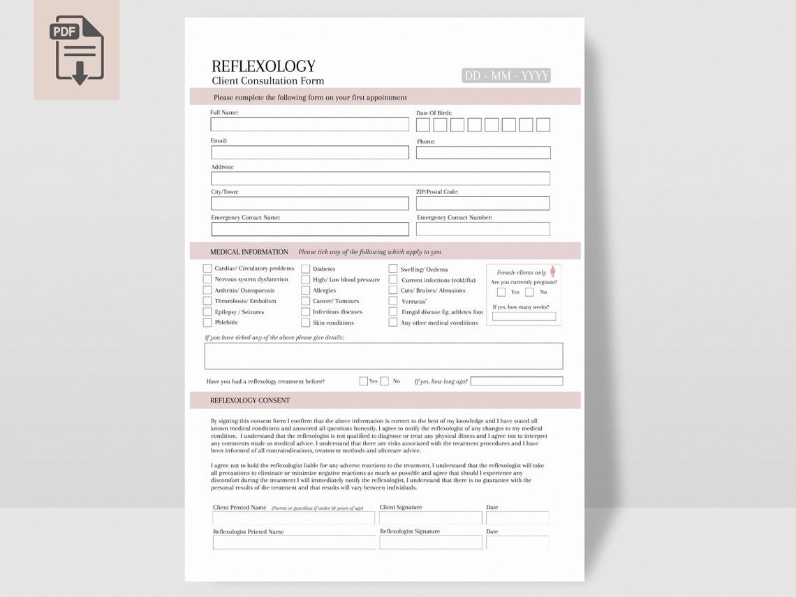 Reflexology Digital Consultation Form | Reflexologist Intake Form | Spa ...
