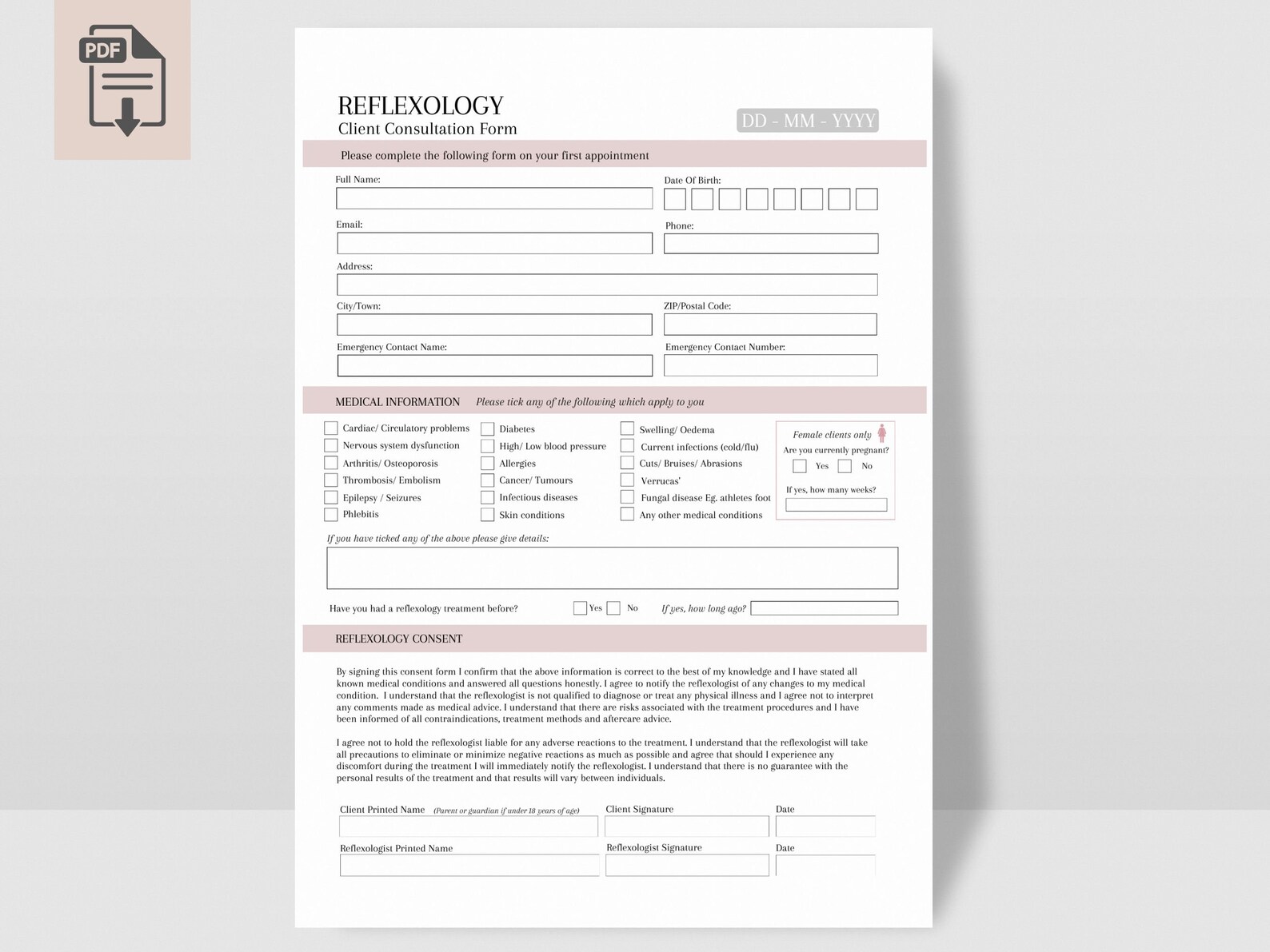Reflexology Digital Consultation Form | Reflexologist Intake Form | Spa ...