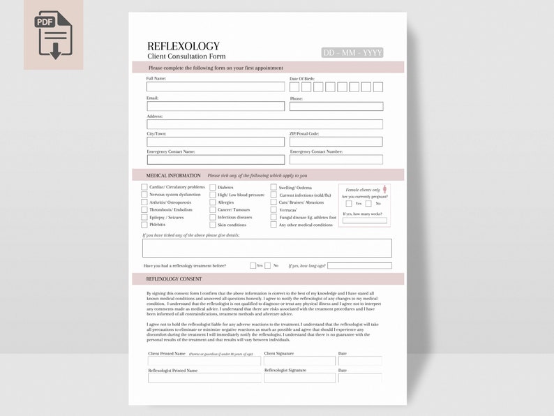 Reflexology Digital Consultation Form | Reflexologist Intake Form | Spa ...