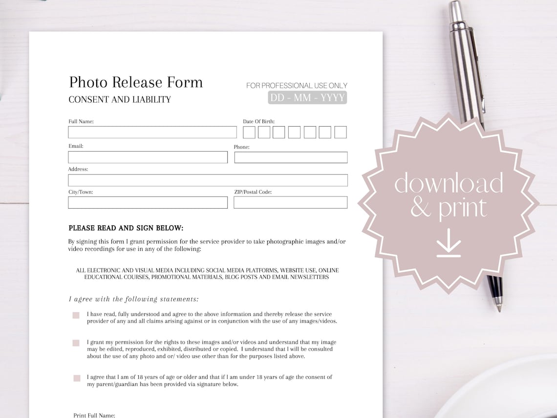 Salon Photo Release Printable Form | Beauty Photography Release Form ...