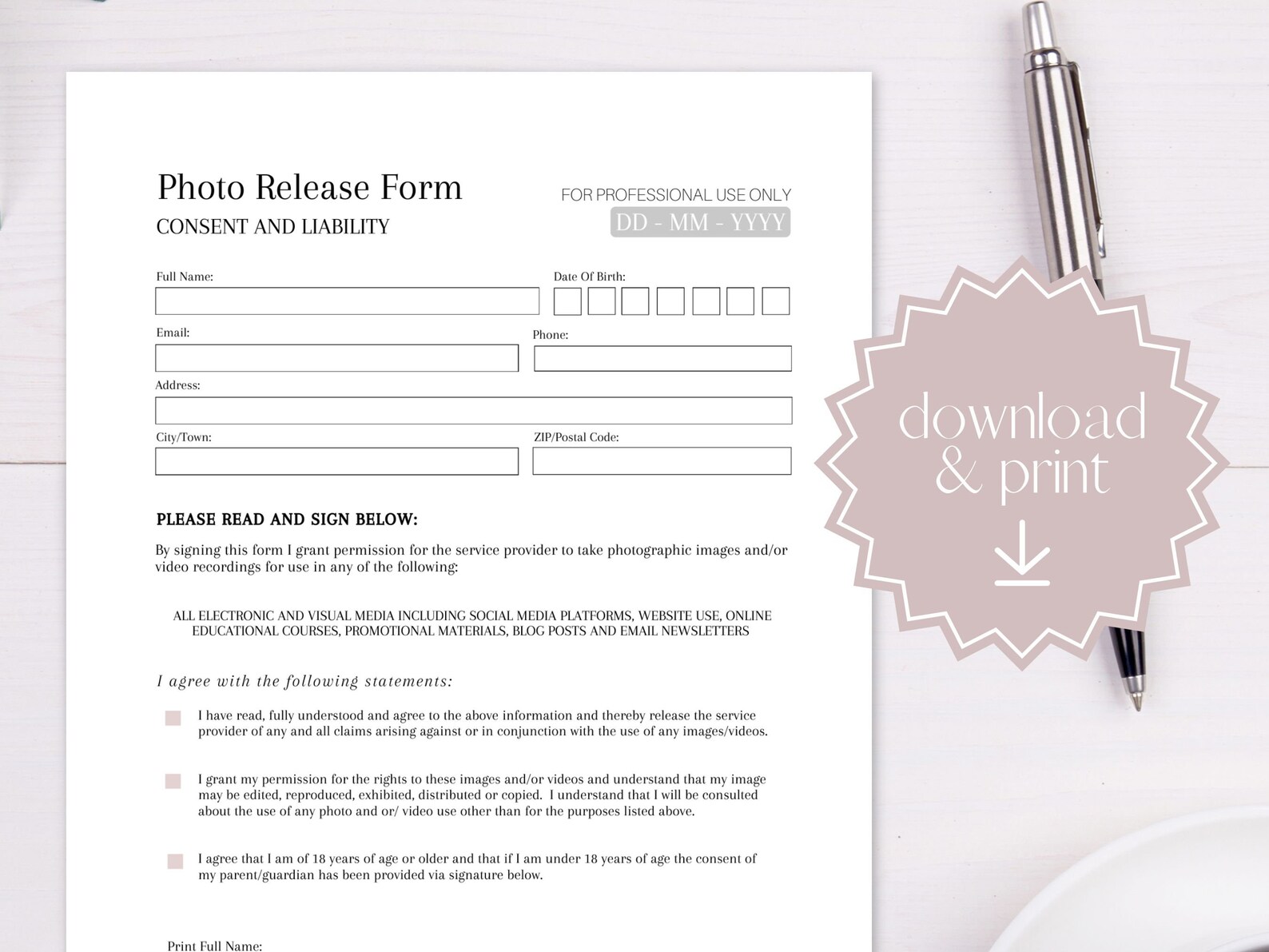 Salon Photo Release Printable Form | Beauty Photography Release Form ...