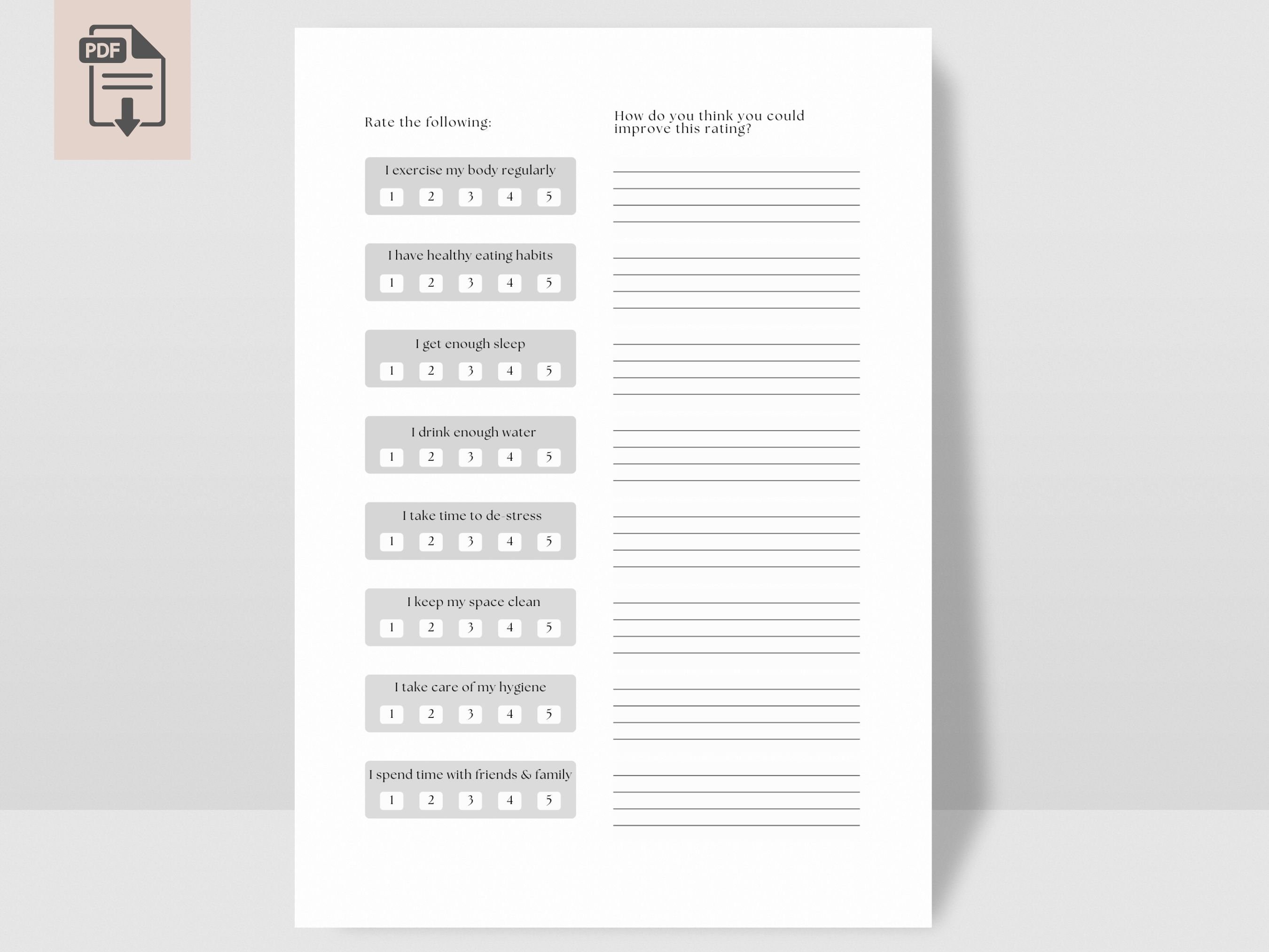 Self Care Progress Questionnaire Selfcare Check in Printable Mental ...