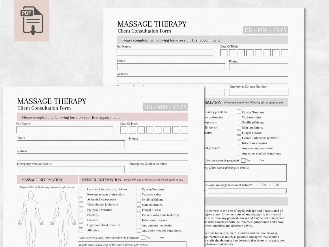 Massage Consultation Form Massage Client Intake Digital - Etsy