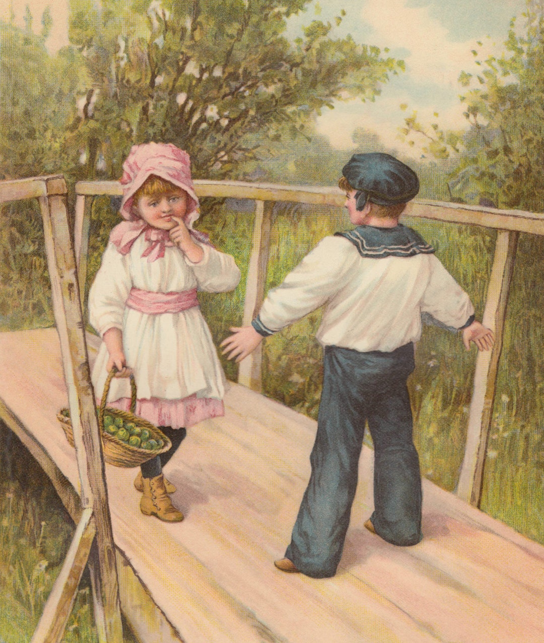 Victorian Girl Crossing Bridge Carrying Basket of Apples Fruit Boy in ...