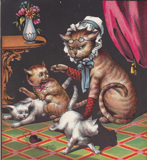 Beautiful Victorian Cat Wearing Bonnet Scolding Kittens For | Etsy