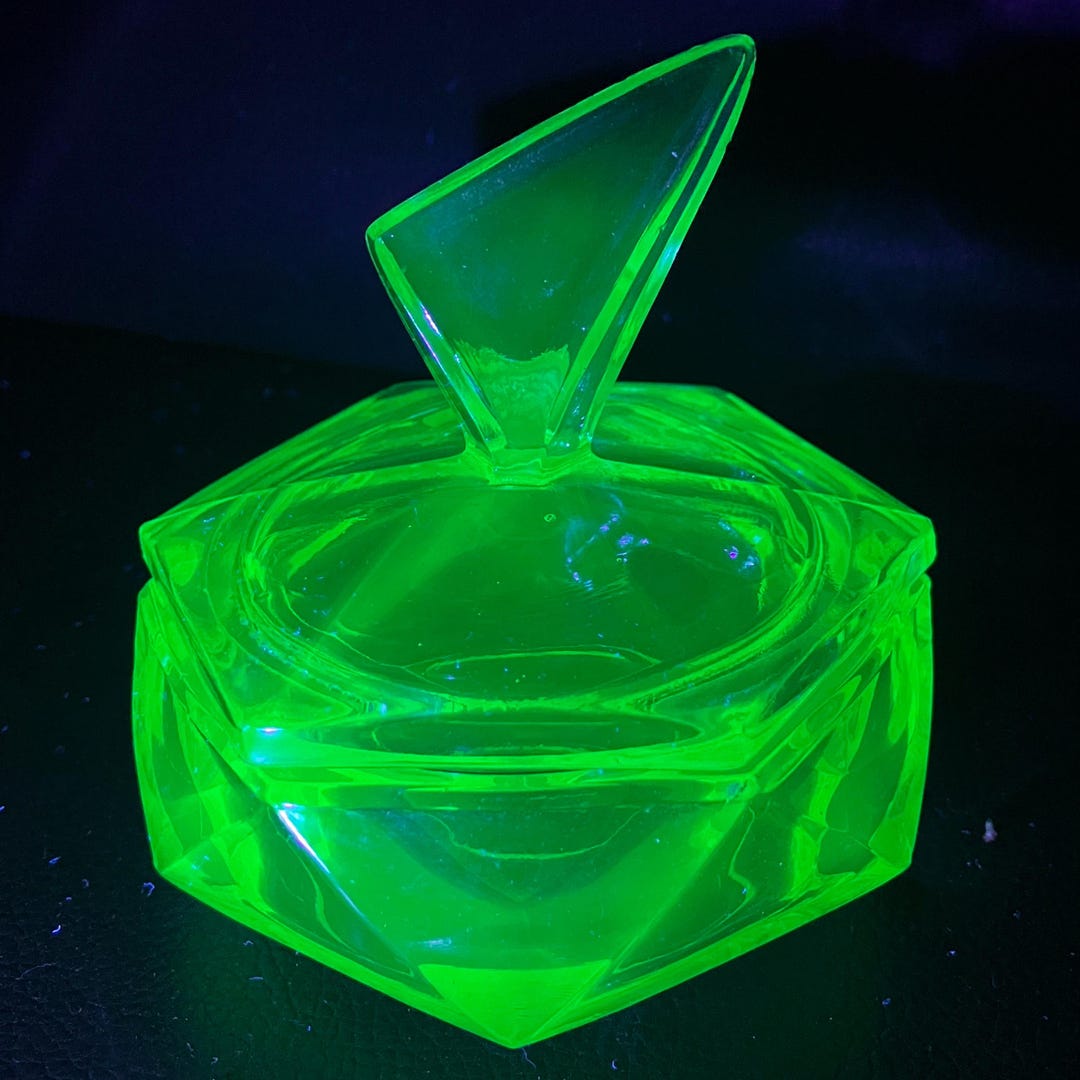 Art Deco Uranium Glass Powder Jar, 3.75" X 4", Lidded Glass Powder Box ...