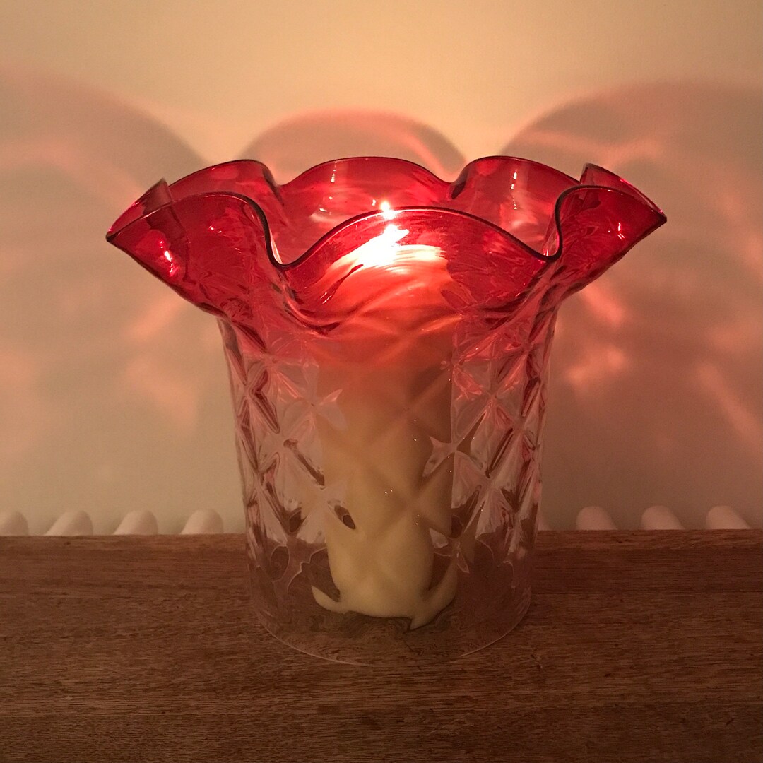 Extra Large Cranberry Glass Oil Lamp Shade, Quilted Pattern Ruffled ...