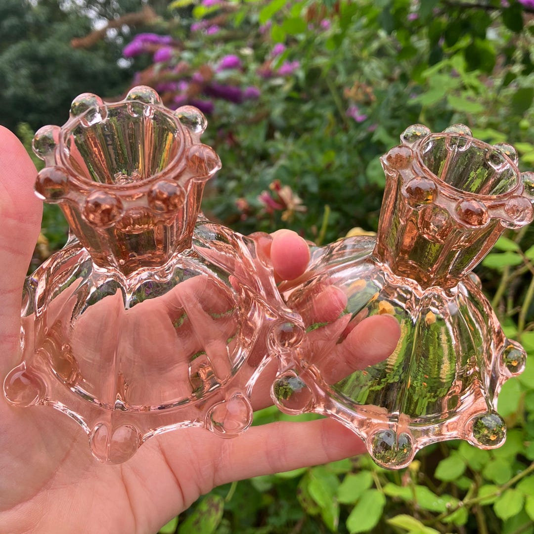 Pink Pressed Glass Candlestick Holders: 1940s Libochovice ...