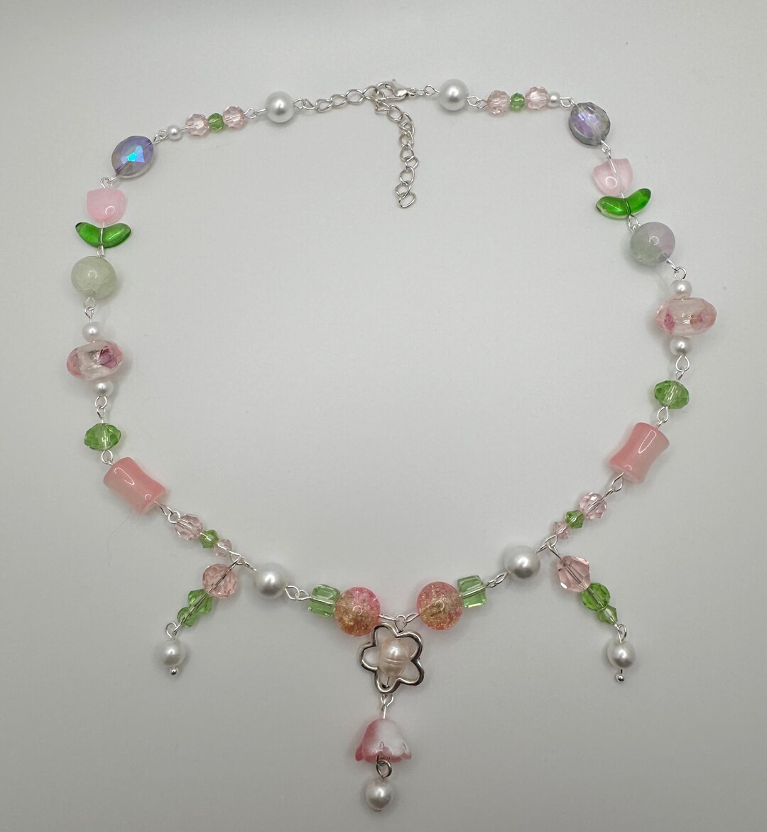 Cottagecore Pink & Green Necklace - Etsy