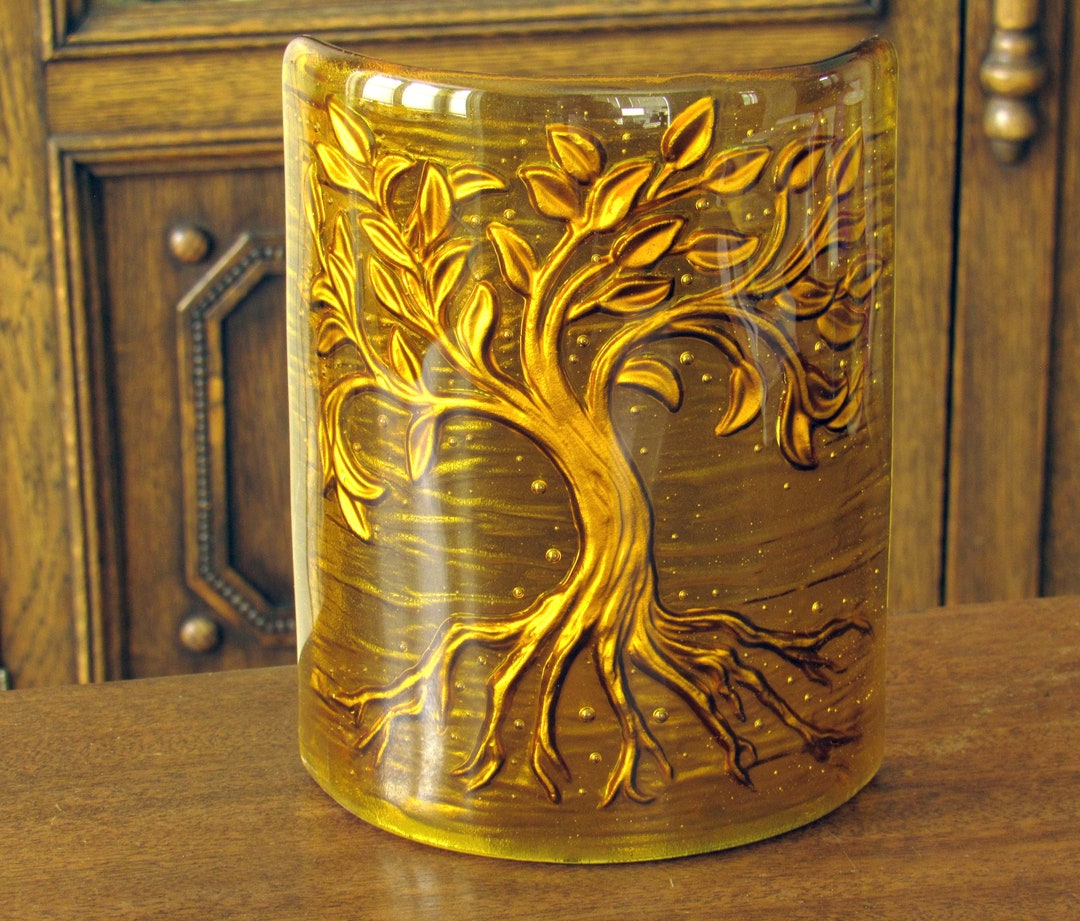 Handmade Amber Fused Glass Curved Candle Screen With Embossed - Etsy