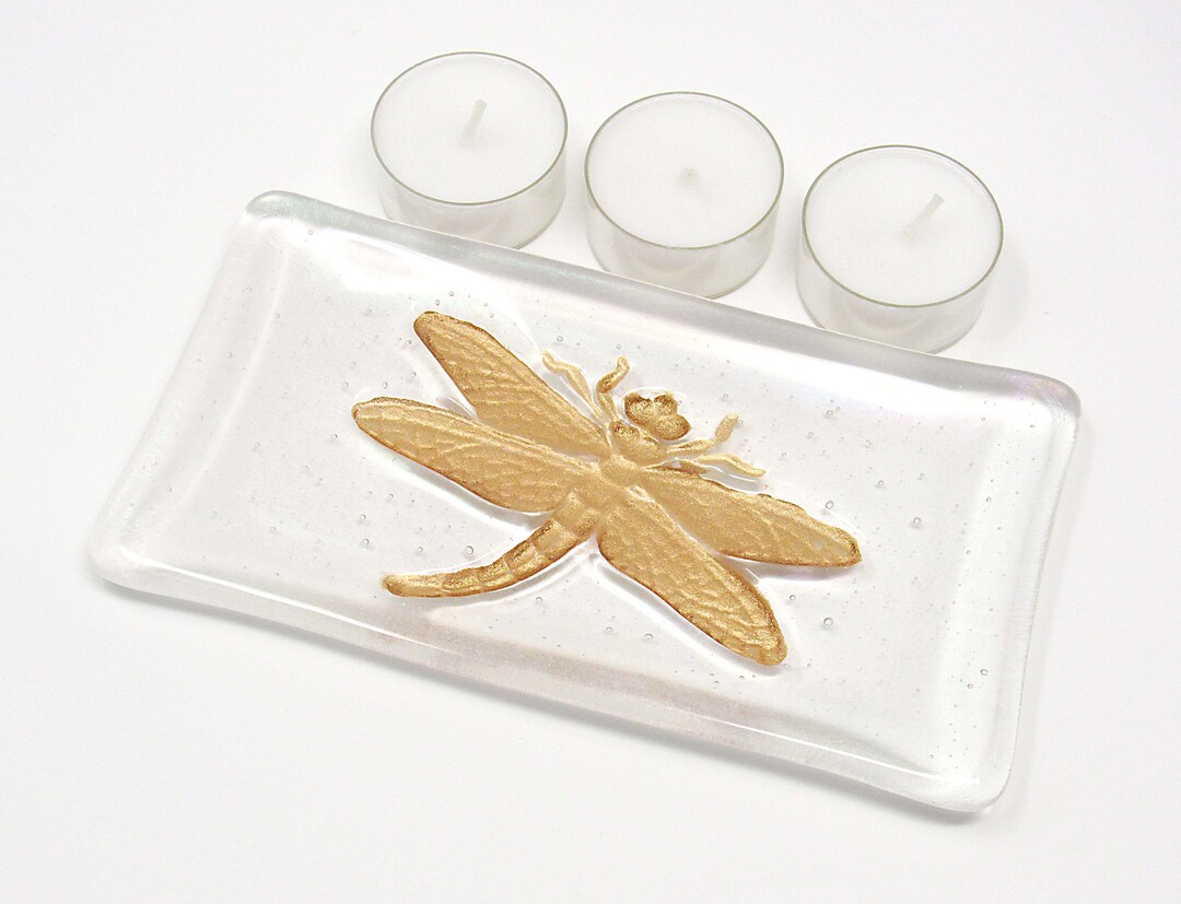 Clear Fused Glass Dish With a Golden Embossed Dragonfly Hand Painted ...