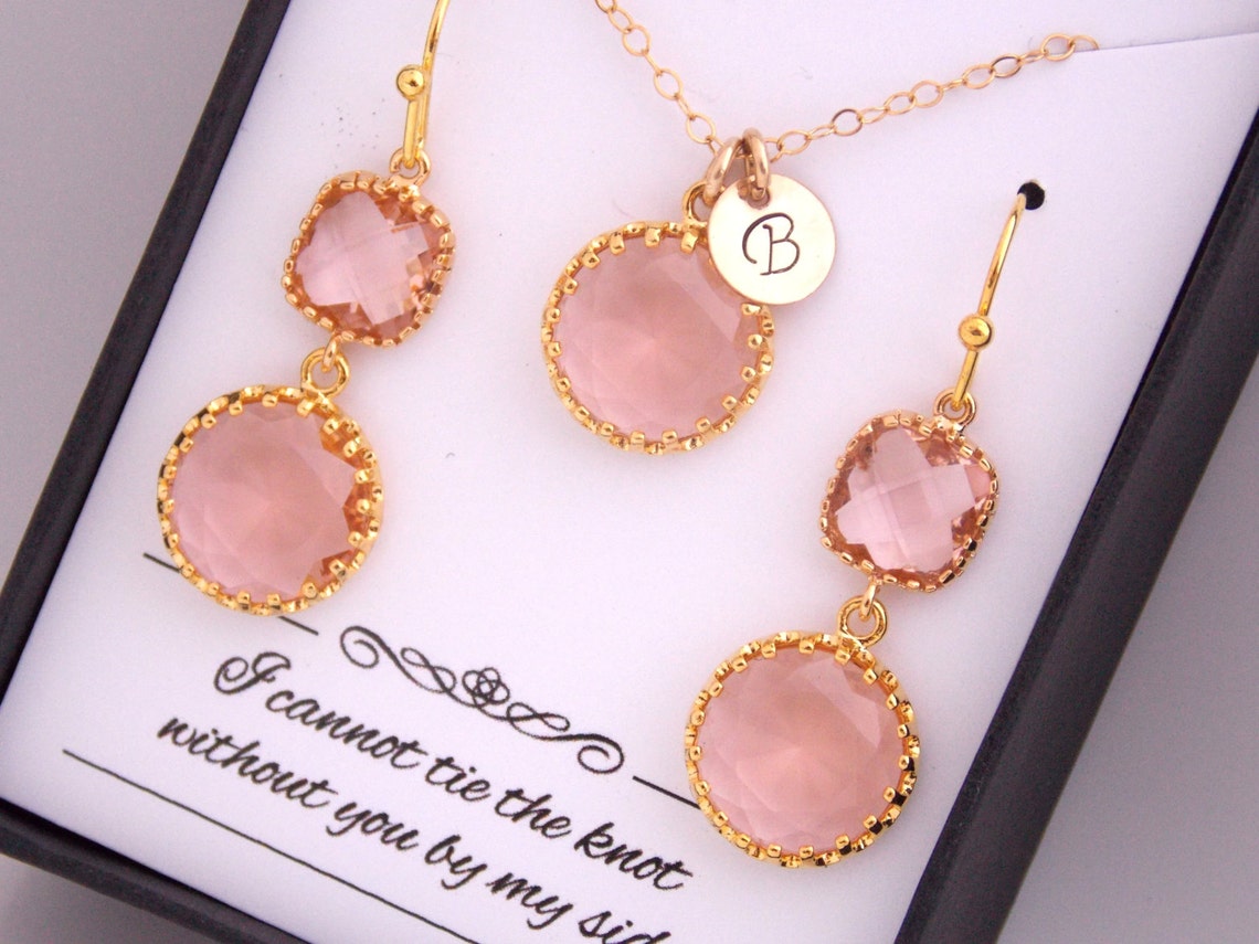 Gold Peach Earrings, Peach Earring and Necklace Set, Peach Necklace ...