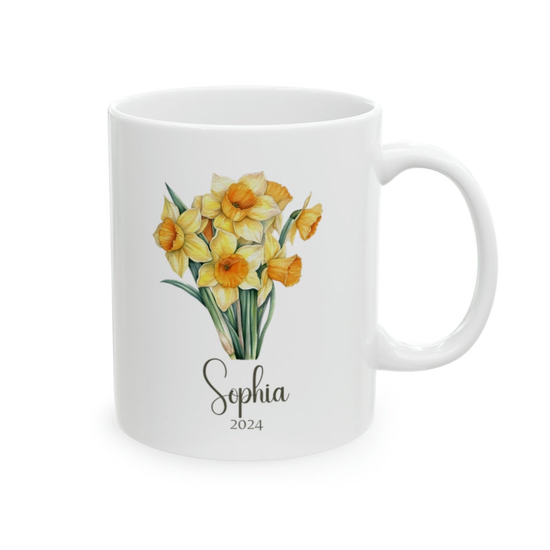 March Birth Flower Mug, Personalized Ceramic Mug, Gift for Birthday ...