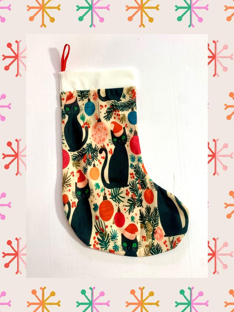 Vintage Style Black Cat Green Eyes 16 Inch Beige Christmas Stocking ...