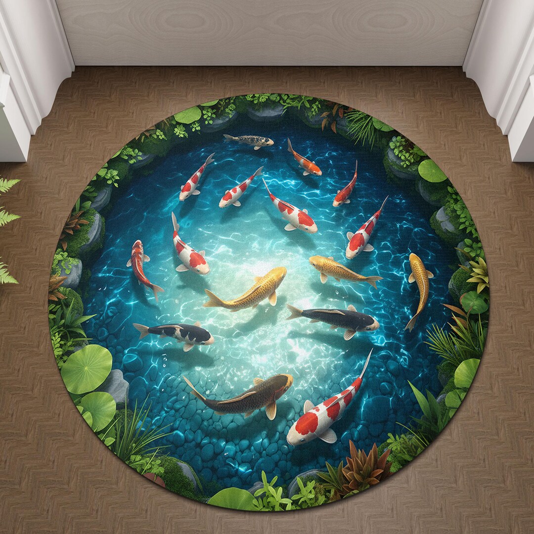 3D Koi Fish Pond Rug, Round Koi Pond Illusion Carpet, Colorful Fish ...