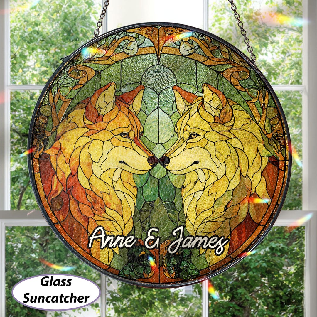 Custom Wolves Couple Glass Suncatcher, Stained Glass Wolf Suncatcher ...