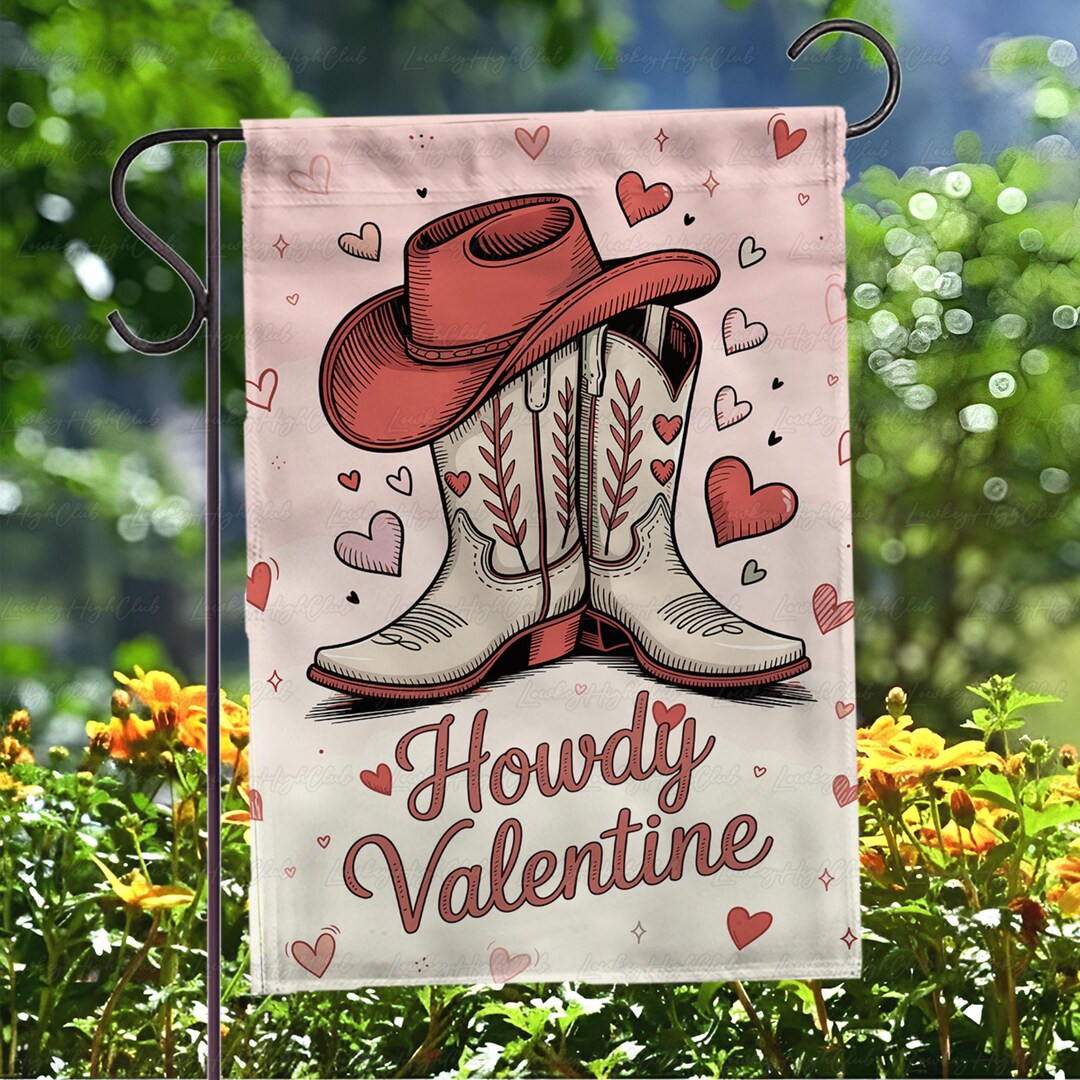 Pink Hearts Cowboy Boots Flag, Country Valentine Farmhouse Flag, Howdy ...