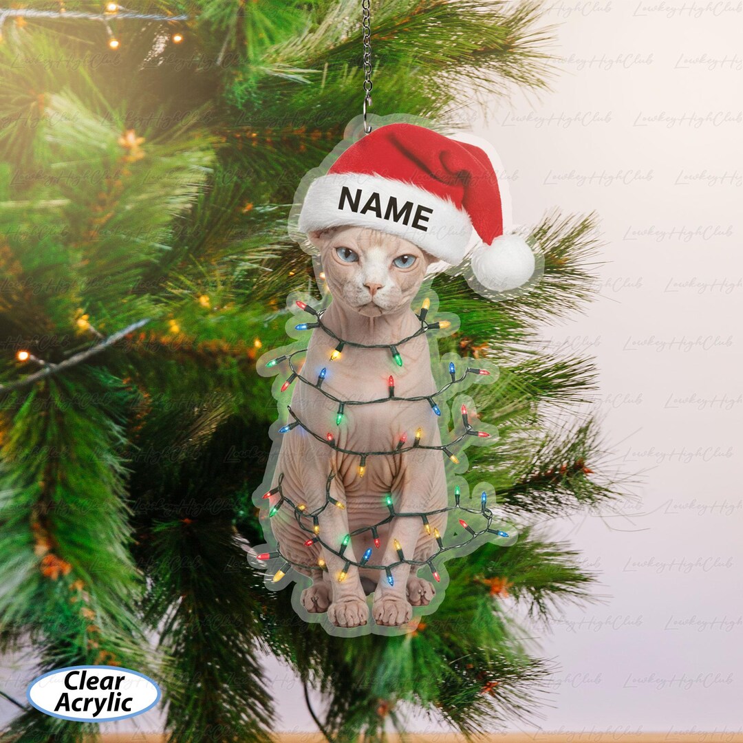 Custom Name Sphynx Cat Ornament, Cute Sphynx Cat in Santa Hat Ornament ...