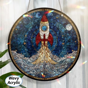 Celestial Rocket Launch Stained Glass Suncatcher, Cosmic Rocket Ship ...