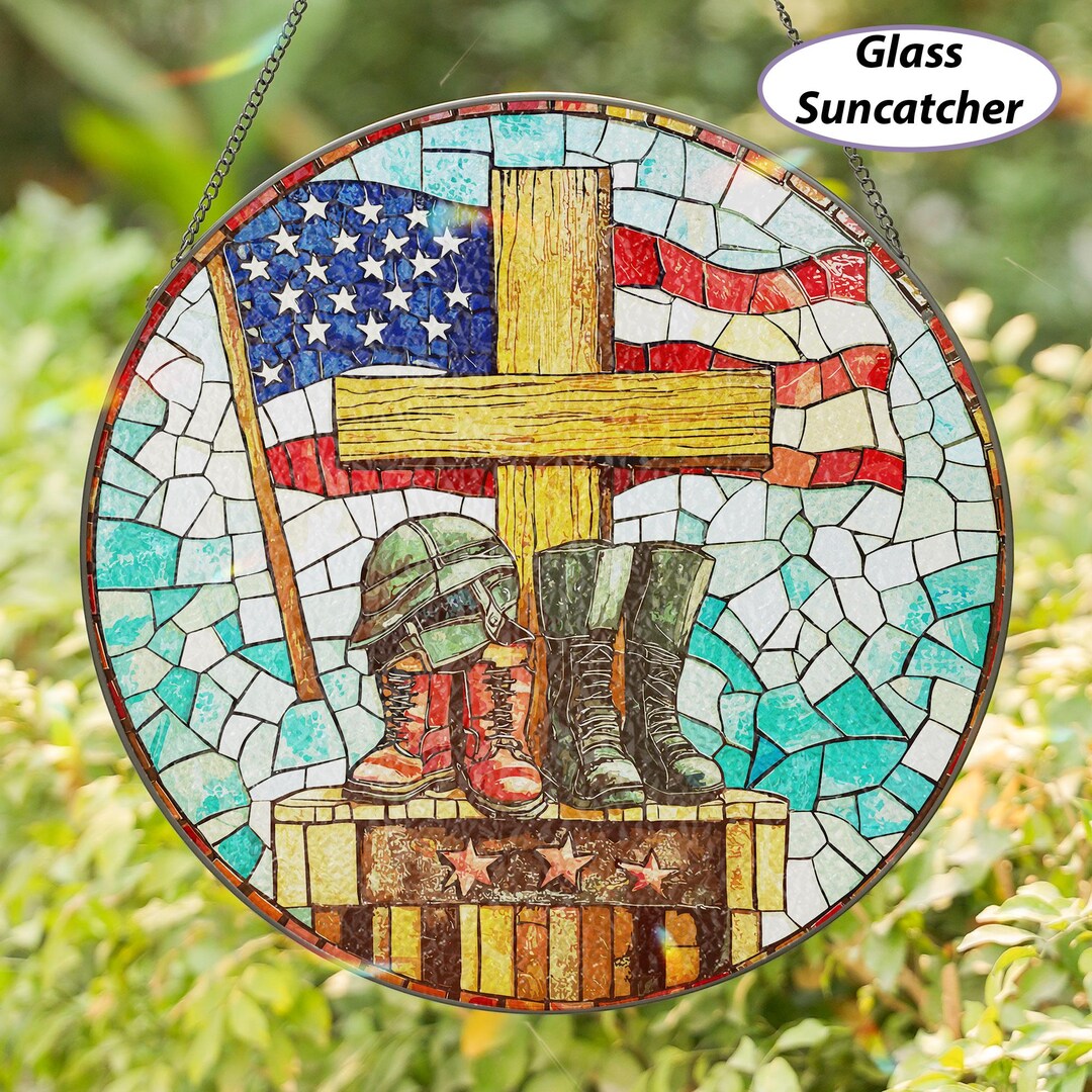 Patriotic Fallen Soldier Glass Suncatcher, Memorial Stained Glass ...