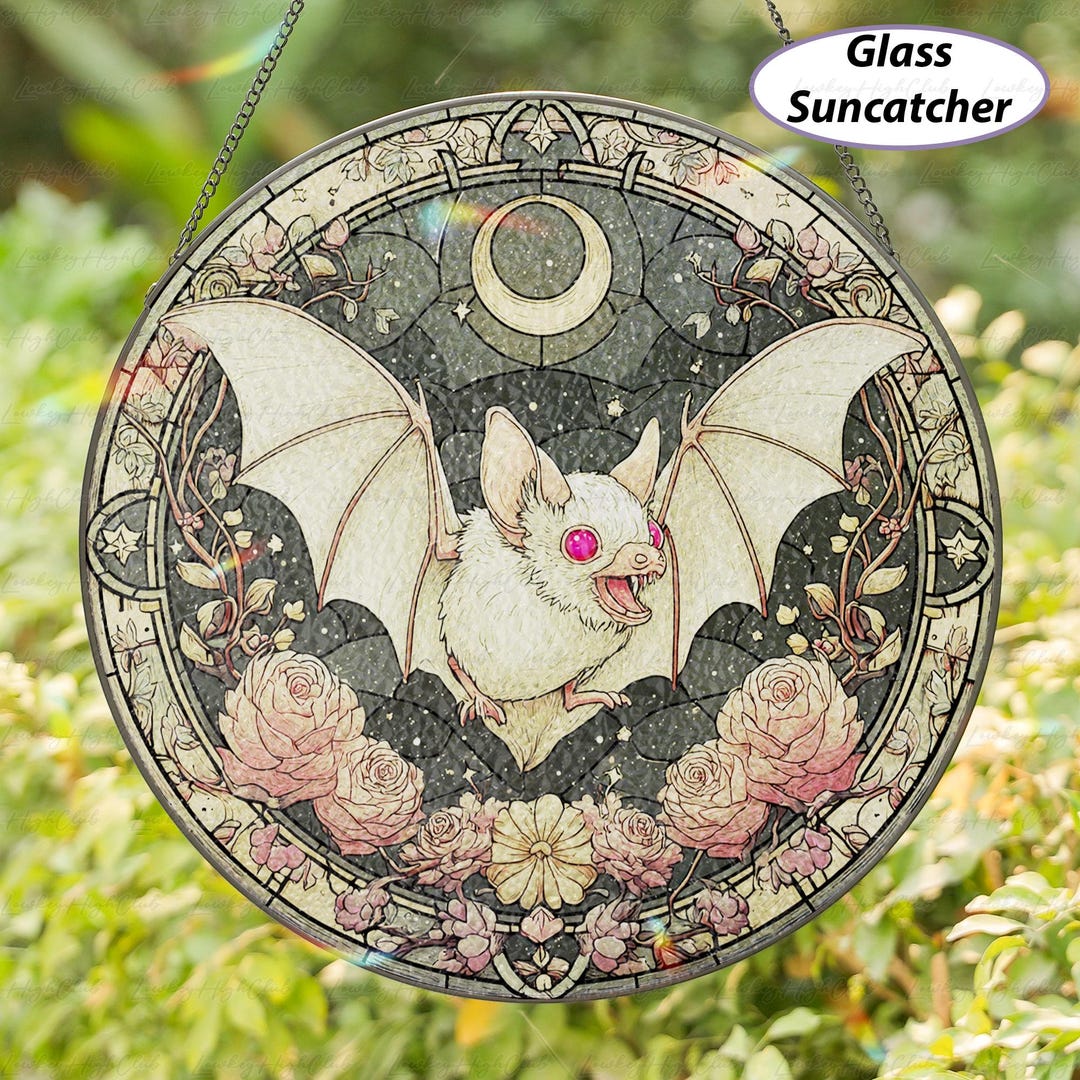 Dark Cottagecore Bat Suncatcher, Vampire Bat Stained Glass Moon Art ...