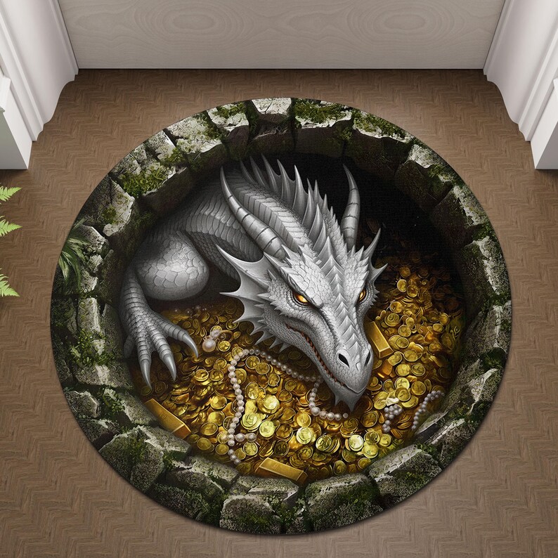 3D White Dragon Gold Pit Area Rug, Fantasy Dragon Cave Hole Illusion ...
