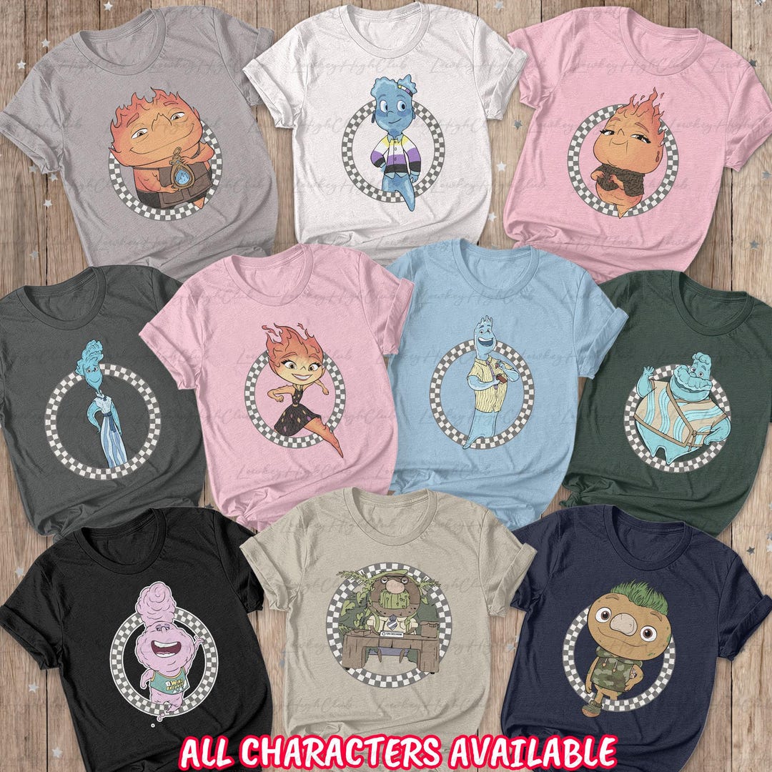 Pixar Elemental Checkered Group Shirt, Ember Wade Clod Bernie, Disney ...