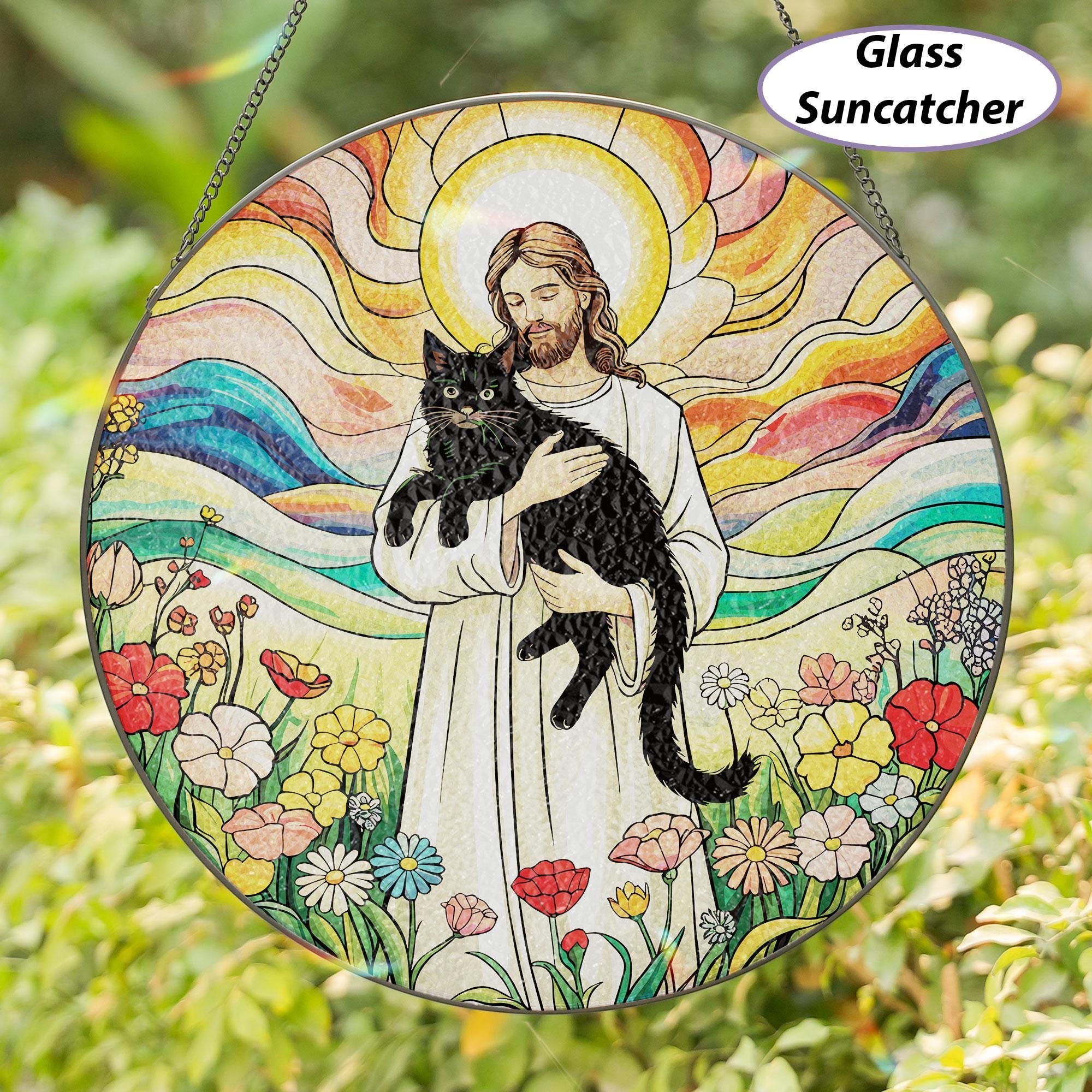 Jesus Hugging Black Cat Suncatcher, Pet Memorial Window Hanging, Jesus ...
