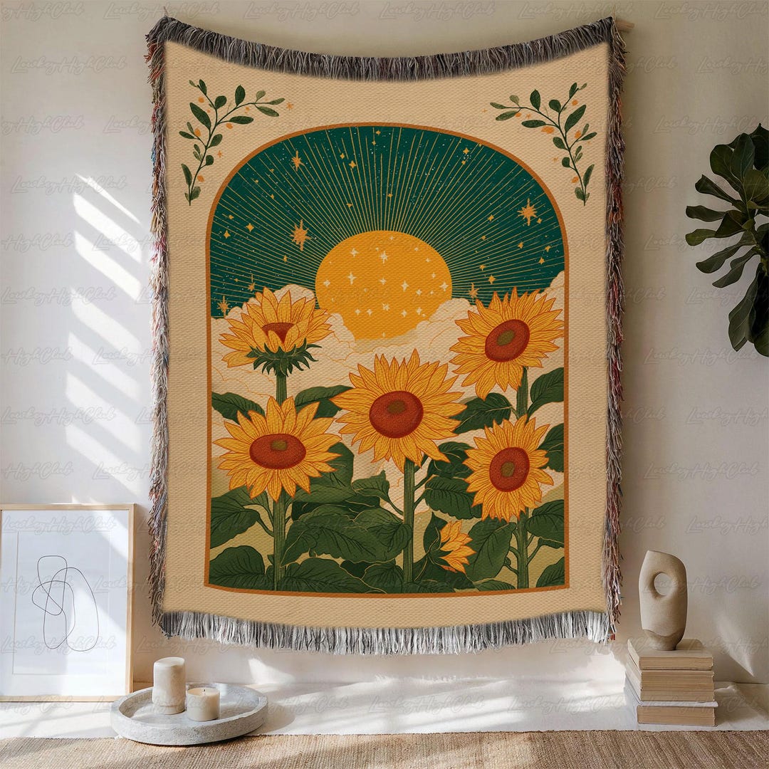 Sunflowers Celestial Light Academia Blanket, Cottagecore Sun Rising ...