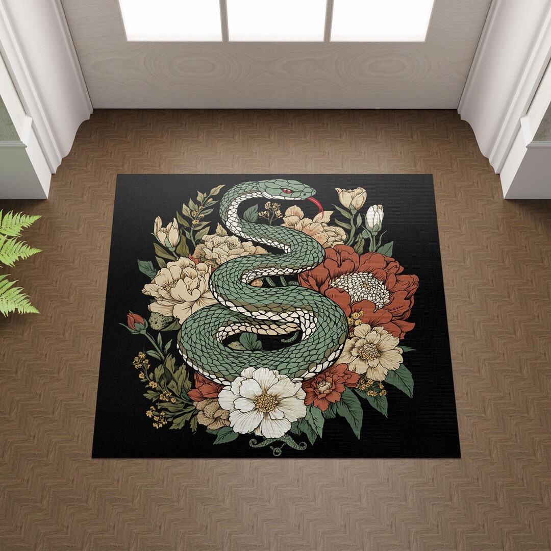 Dark Cottagecore Snake Area Rug, Green Serpent Floral Statement Rug ...