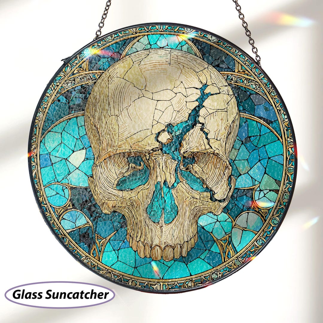 Gothic Skull Glass Suncatcher, Halloween Skeleton Window Hanging, Dark ...