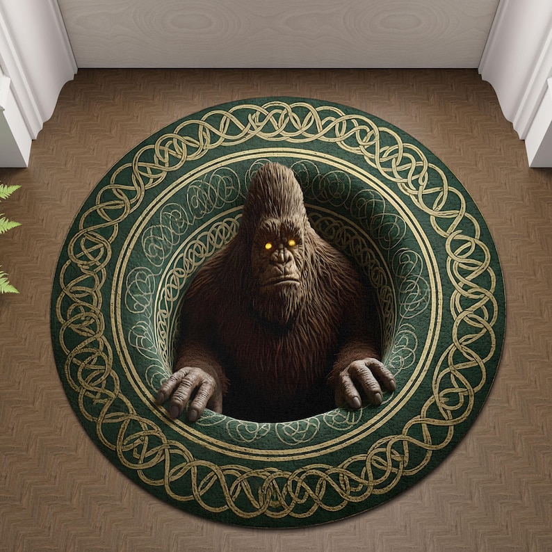3D Bigfoot Illusion Round Rug, Unique Forest Monster Floor Mat, Bigfoot ...