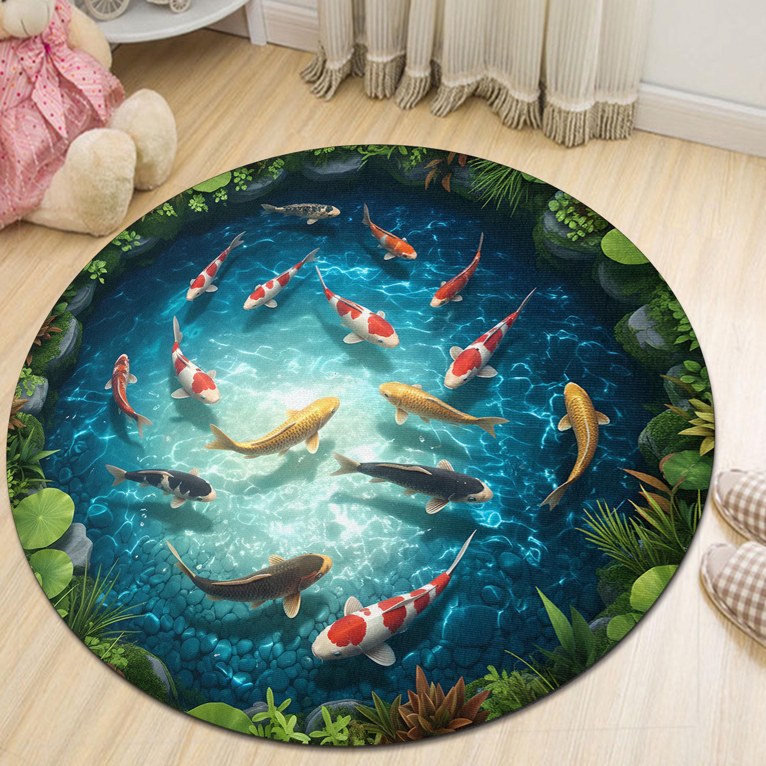 3D Koi Fish Pond Rug, Round Koi Pond Illusion Carpet, Colorful Fish ...