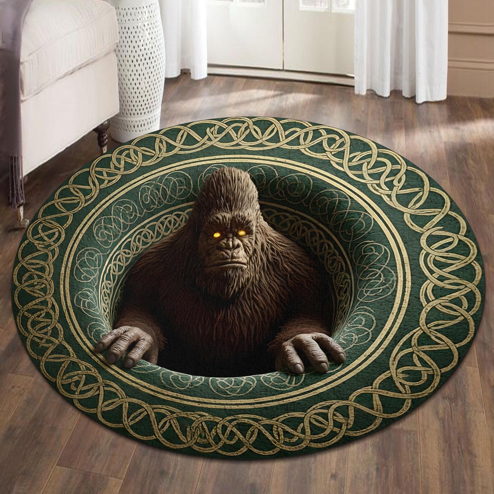 3D Bigfoot Illusion Round Rug, Unique Forest Monster Floor Mat, Bigfoot ...