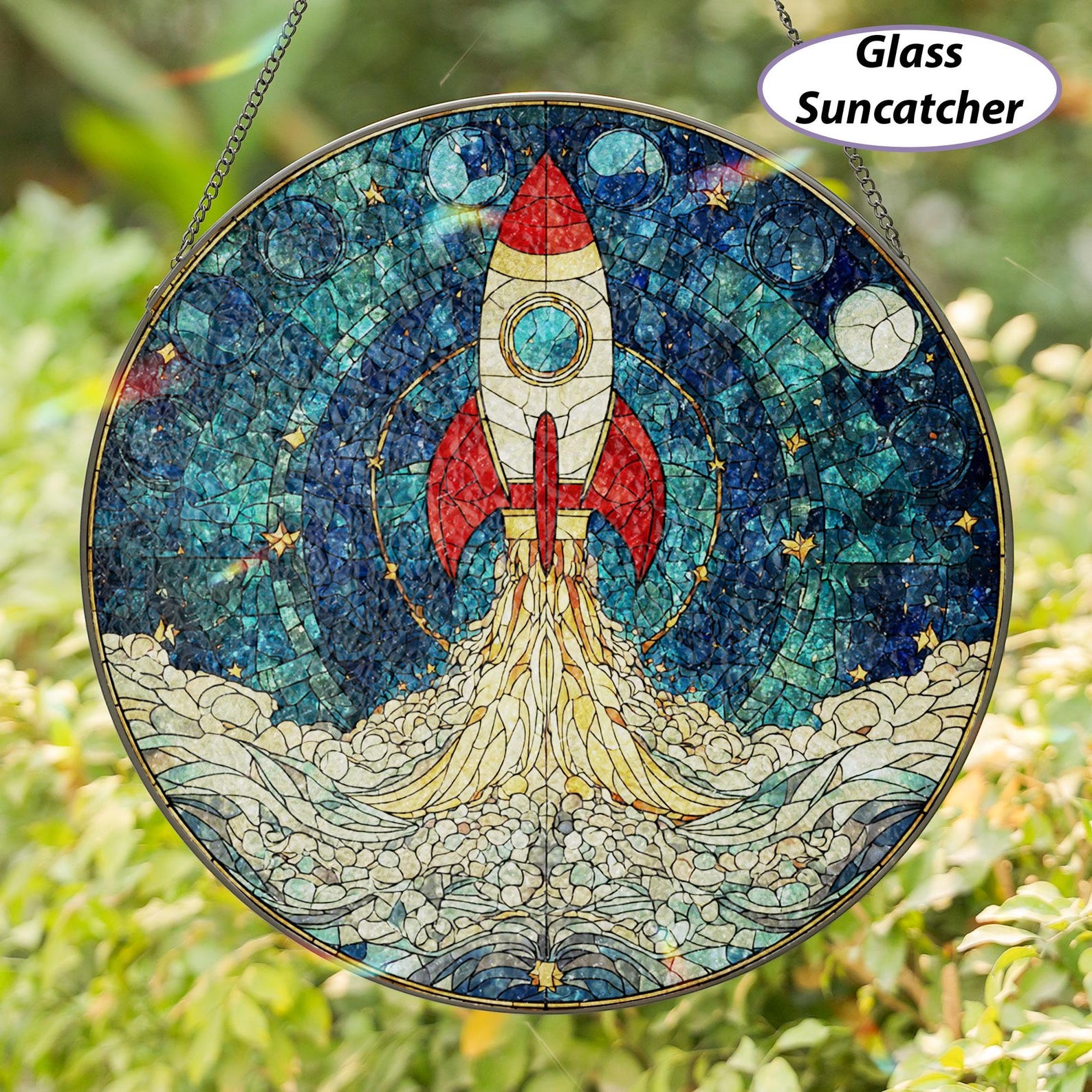Celestial Rocket Launch Stained Glass Suncatcher, Cosmic Rocket Ship ...