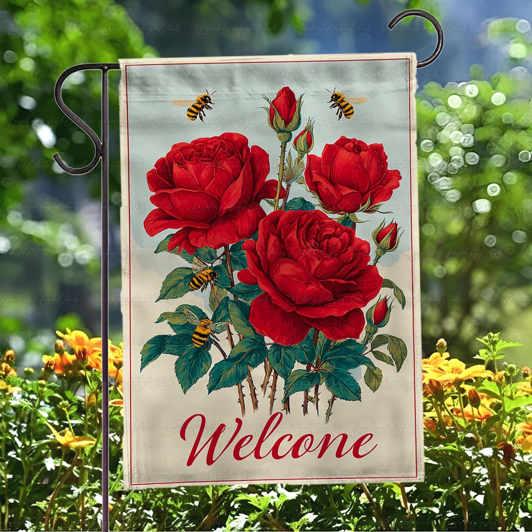 Vintage Red Roses With Bees Welcome Flag, Elegant Rose Flower Garden ...