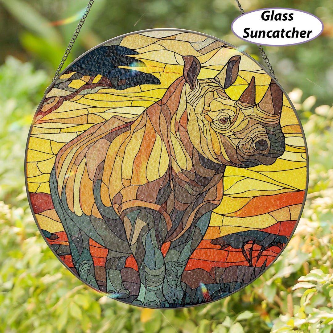 Wildlife Rhinoceros Glass Suncatcher, Stained Glass Rhino Ornament ...