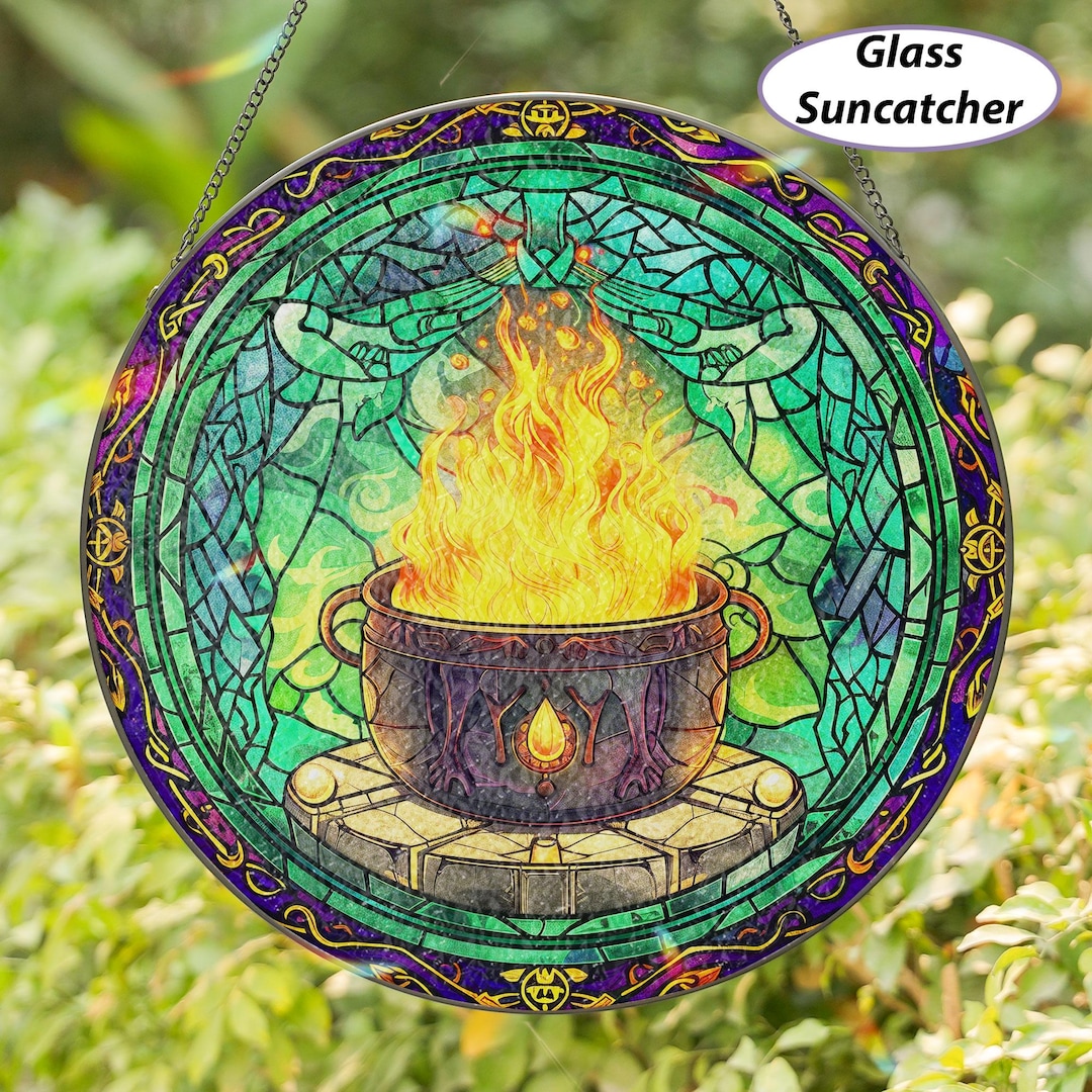 Witchy Cauldron Fire Stained Glass Suncatcher, Magical Potion Glass ...