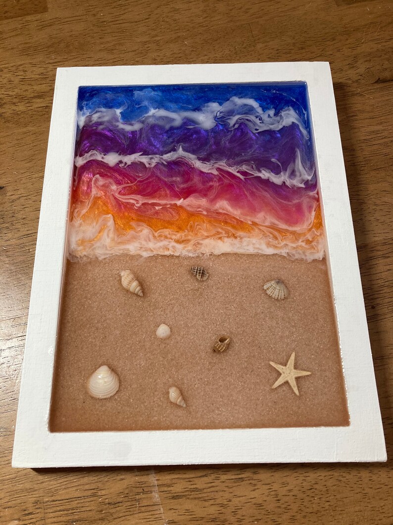 Sunset Beach Ocean Resin Wood Art Wall Decor With Seashells and ...