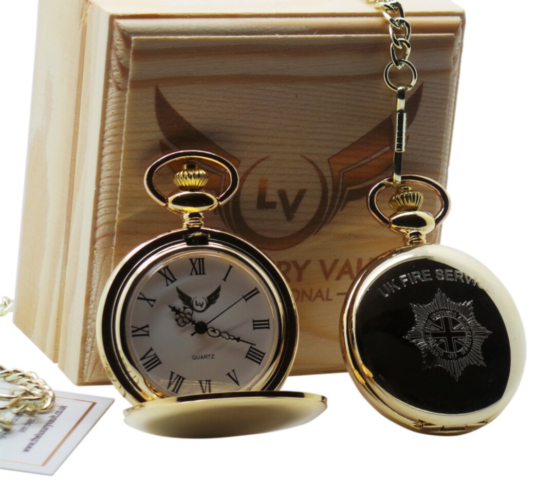 UK Firefighter Gold Pocket Watch Custom Engraved Back Wooden Gift Case ...