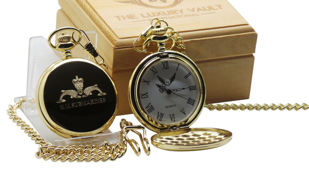 Royal Navy Submariner Gold Pocket Watch Full Hunter With Chain Wooden ...