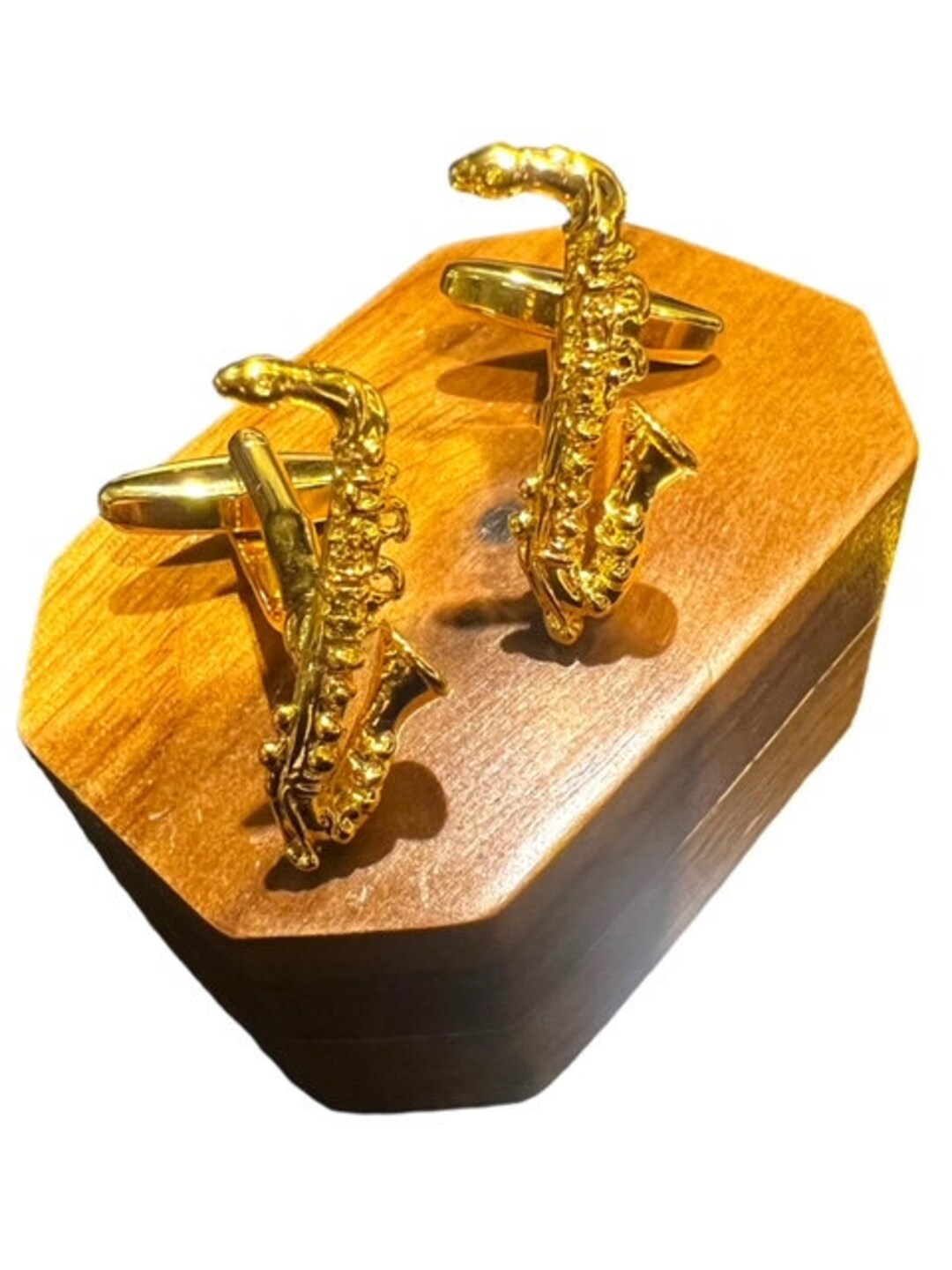 Saxophone Cufflinks 24k Gold Coated in Hinged Wooden Gift Case Sax ...