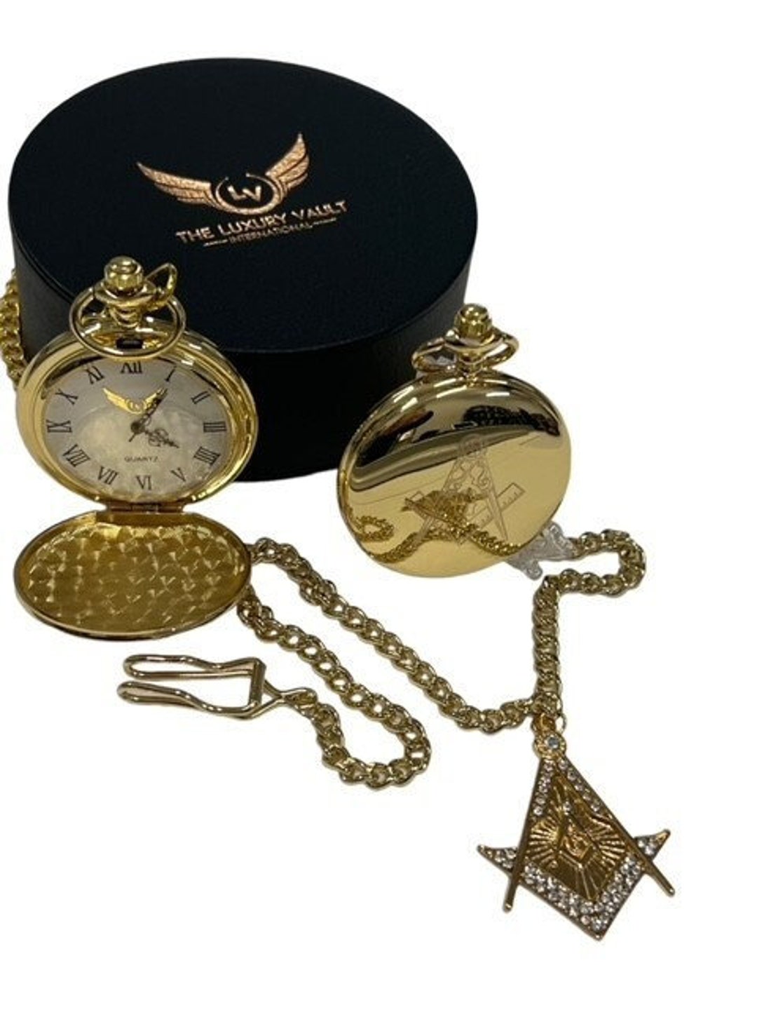 Personalised Masonic Gold Pocket Watch With Chain and Freemason Crystal ...